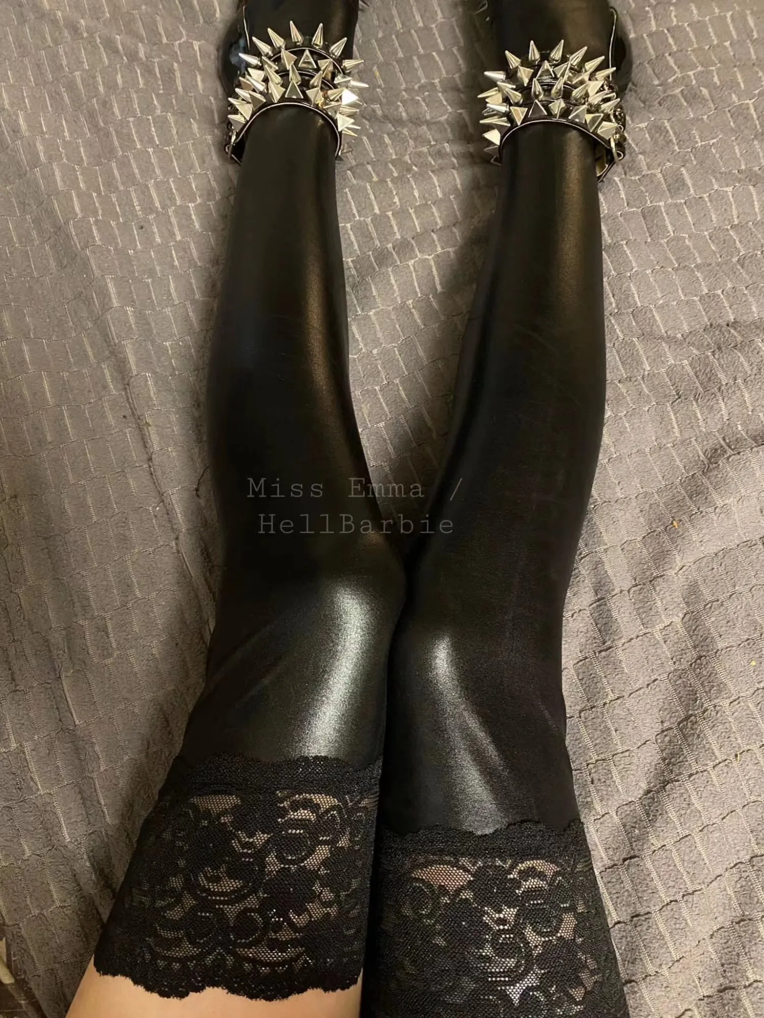 S-2XL Women Faux Leather Thigh High Silicone Band Stockings Black Over ...