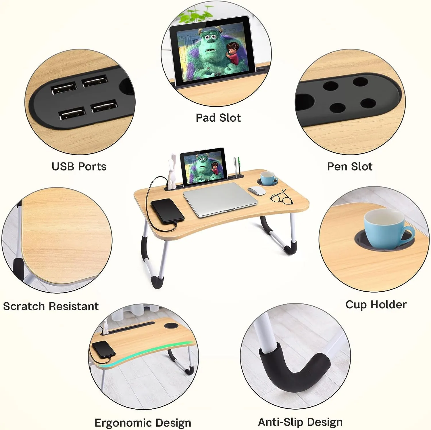 Foldable Bamboo Laptop Desk with Adjustable Tilted Tabletop for Bed and ...