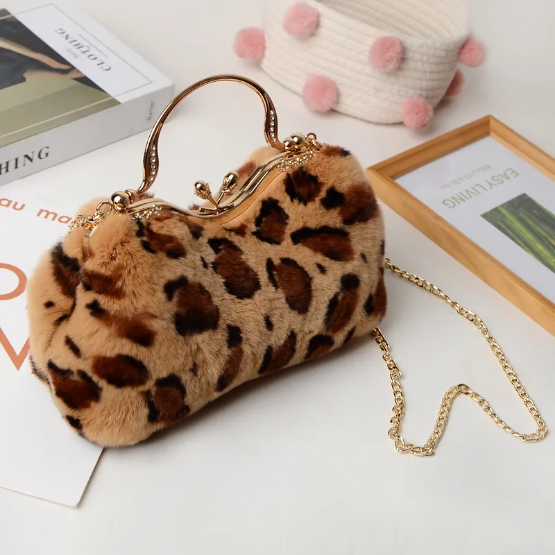Luxury Rex Rabbit Fur Mini Duffle Bag With Real Fur, Chain Strap, And ...