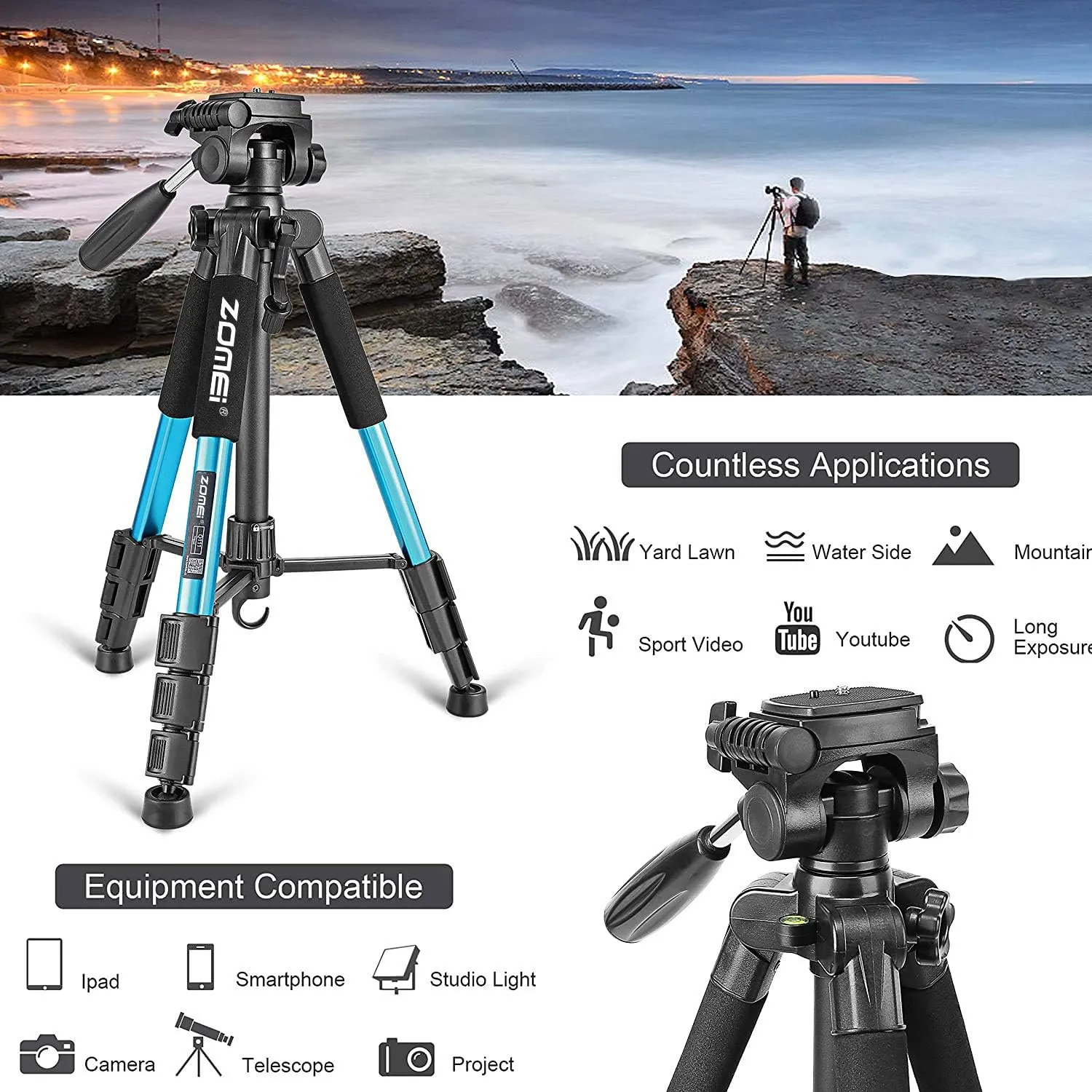 Mobile Tripod 140cm/55.1in Foldable Camera Tripod Stand, Aluminum, With ...