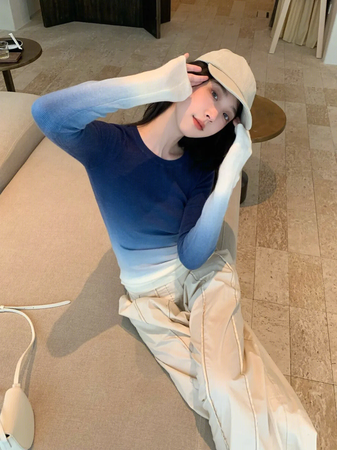 Pullover Sweater for Ladies Navy Blue Gradient Long Sleeve O-neck ...