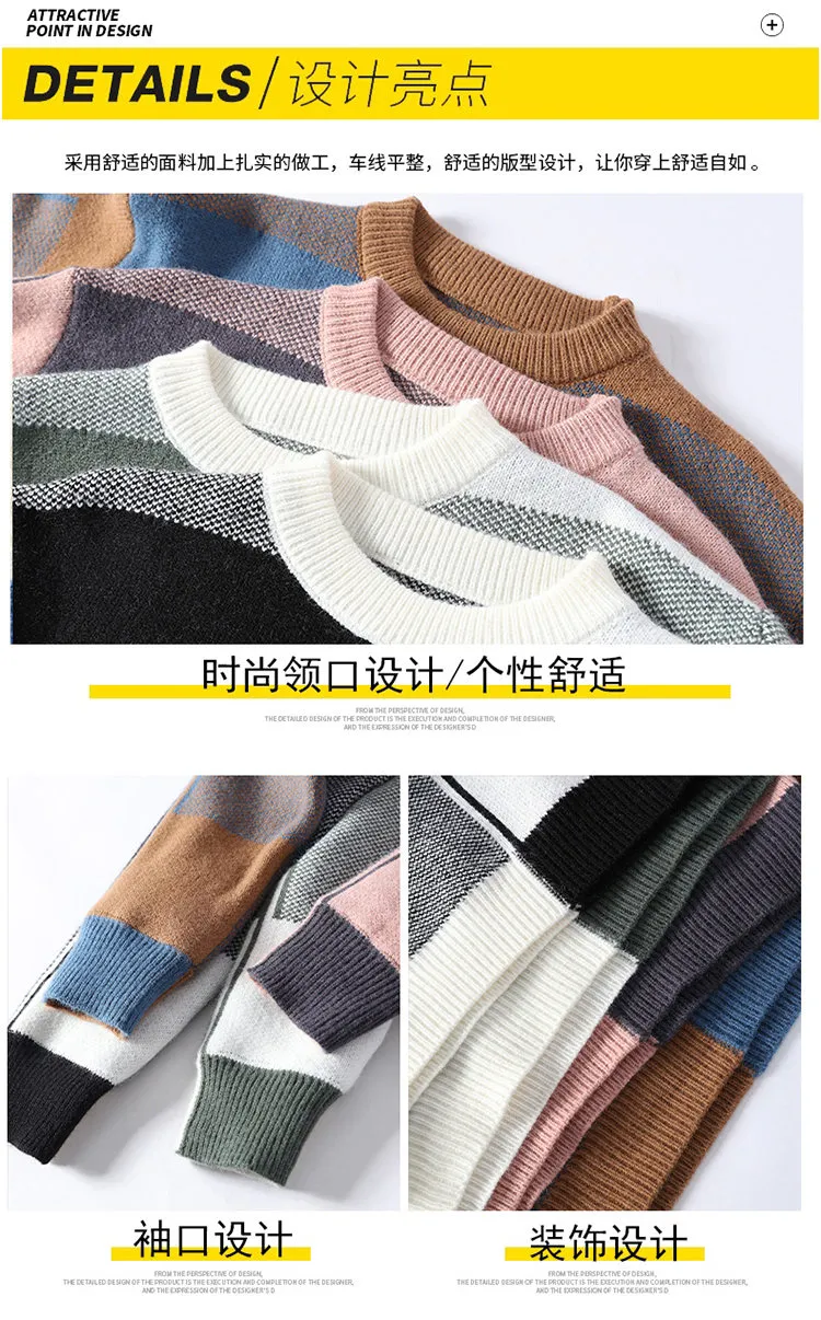 Men's Slim Fit Plaid Knitted Sweater Round Neck Pullover for Autumn and ...