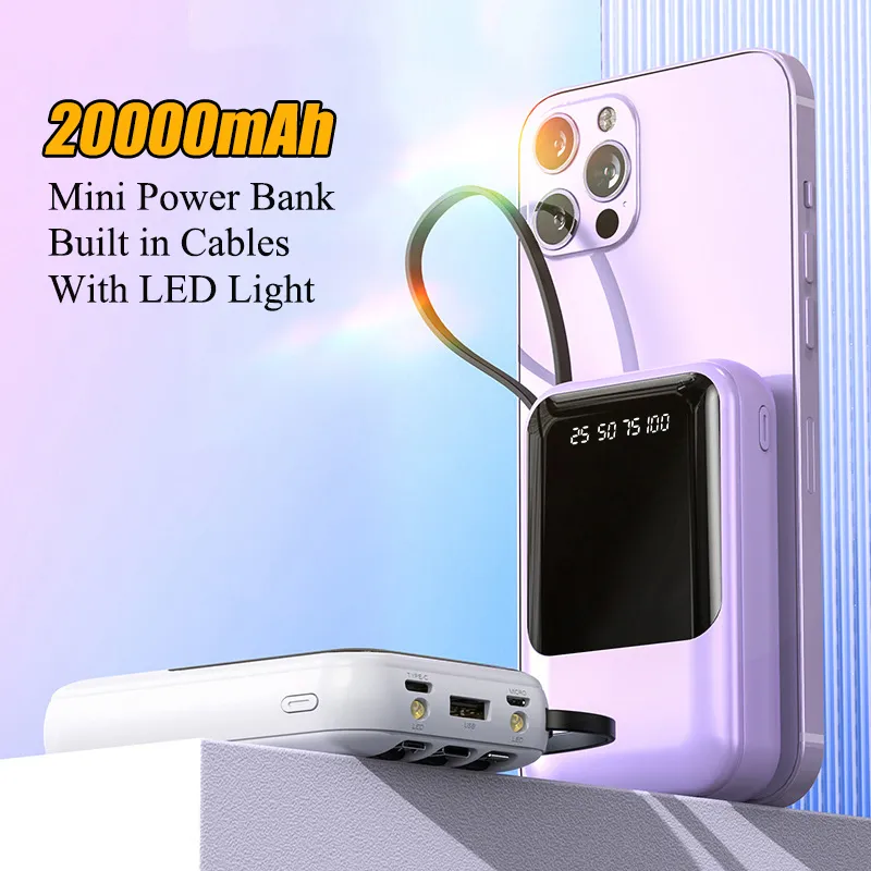 Power Bank 20000mAh Mini Powerbank with Built-in Cables, Portable ...