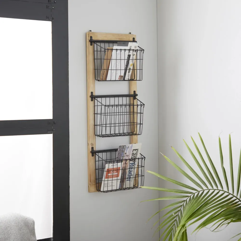 3-Tier Magazine Rack Hanging Storage Organizer with Wood Frame and ...