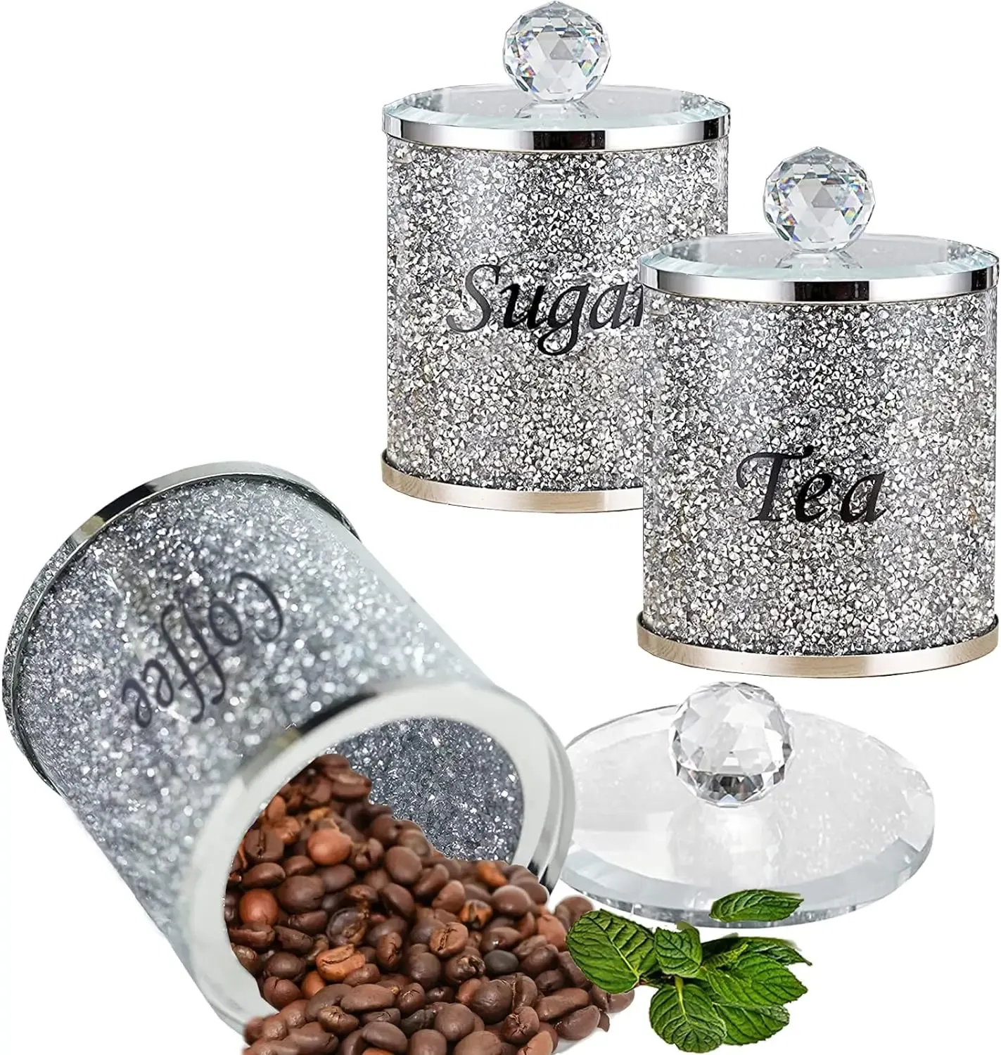 Crystal Coffee Sugar Tea Canister Set Glass Crushed Diamonds Storage ...