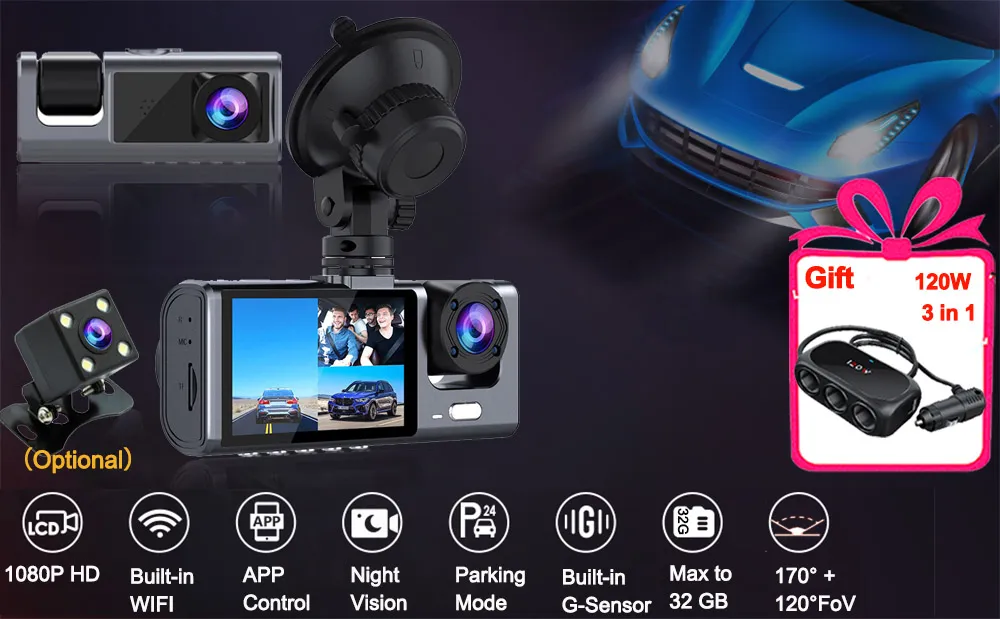 3 Channel Dash Cam for Cars 1080P Front Camera WiFi App Car DVR Video ...