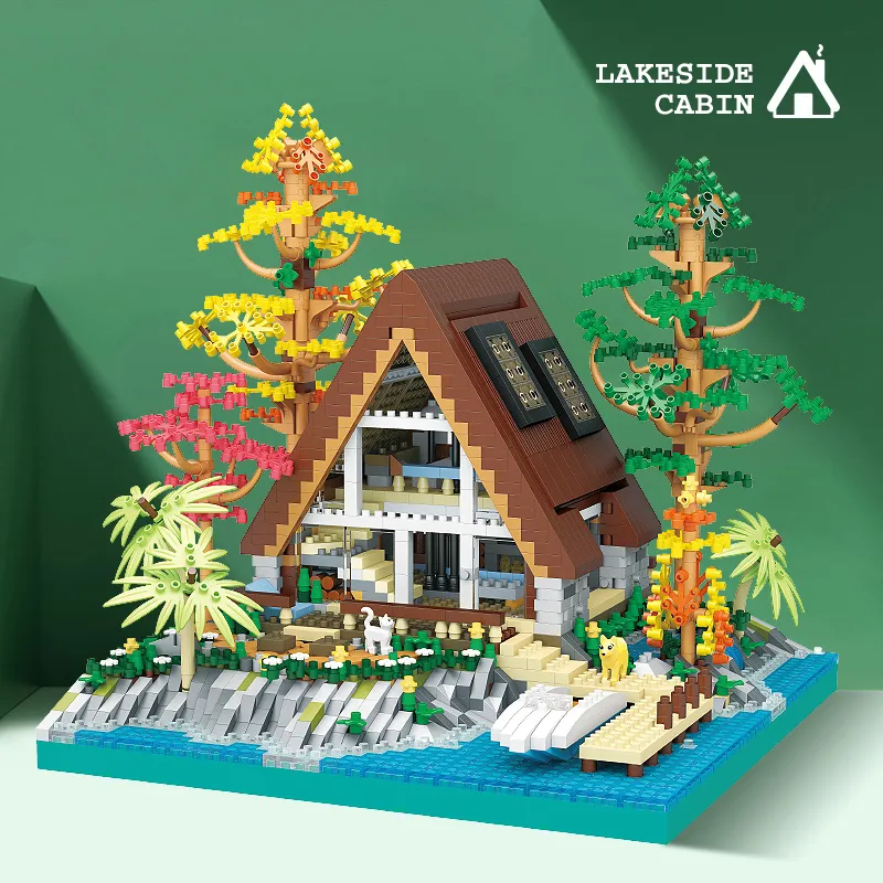 Lake Island Wooden House Building Blocks Creative Micro Assembly Mini ...