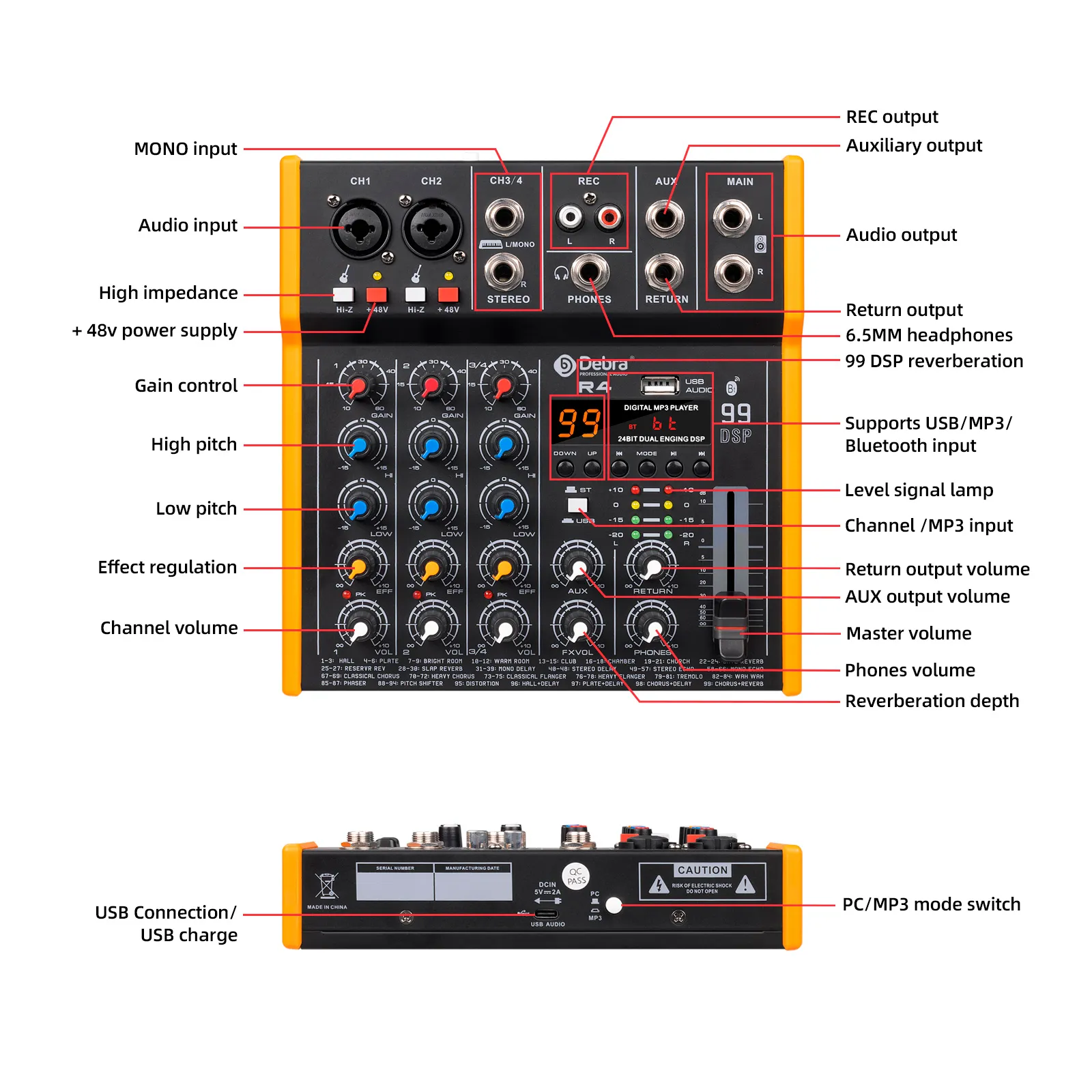 Debra New R4/R6 99DSP Stereo Audio Mixer DJ Controller 48V 6.5 Mm ...