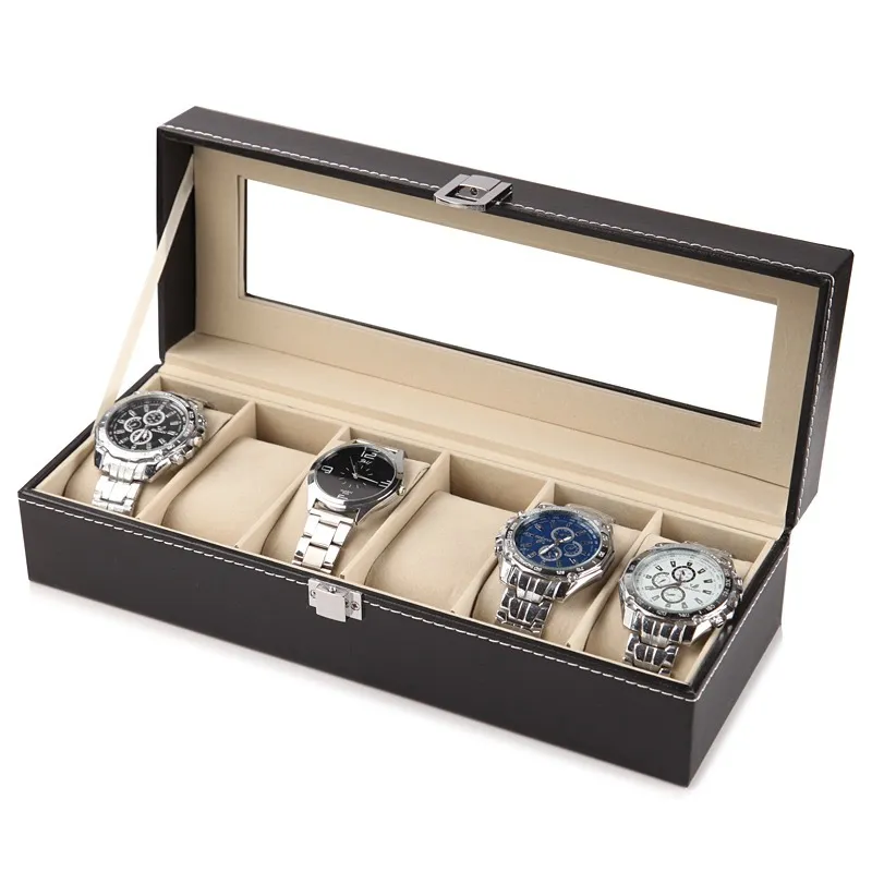 Mens Wooden Watch Box Glass Top PU Leather Watches Storage Box, Elegant ...