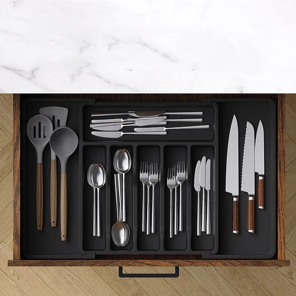 Adjustable Silverware Drawer Organizer Plastic Storage Tray with ...