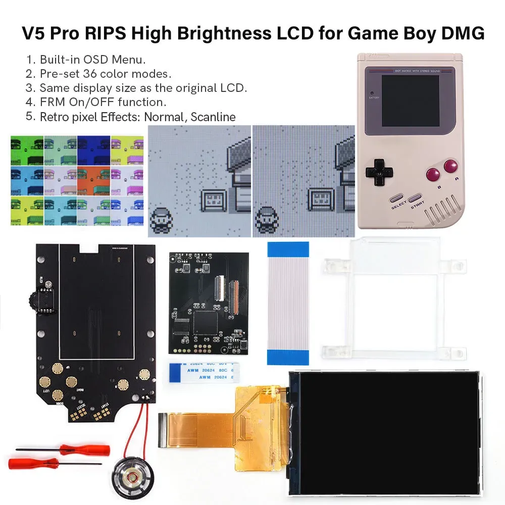 Retro Gameboy DMG V5 Pro Backlight LCD Kit: Original Size IPS Screen ...
