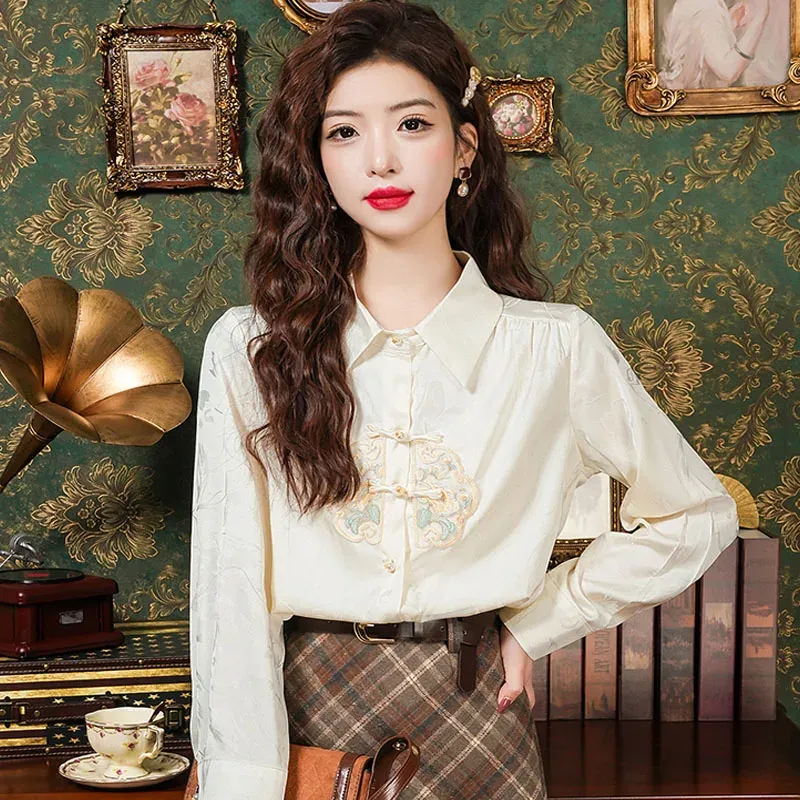 Casual Chinese Style Embroidery Women Long Sleeve Blouse Shirt Tops ...