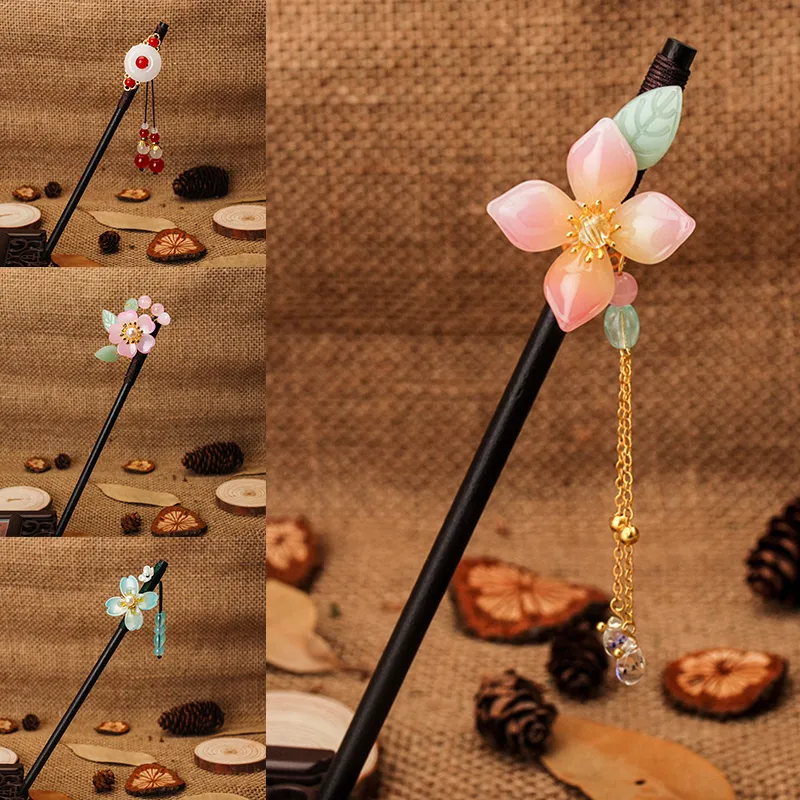 Handmade Luxury Flower Hairpins Hair Sticks Vintage Wood Chinese Hair ...