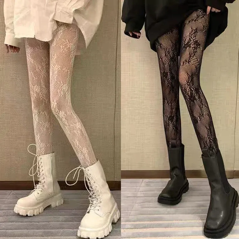1/Floral Rattan Leggings Women Black Lace Floral Tights Gothic Fishnet ...