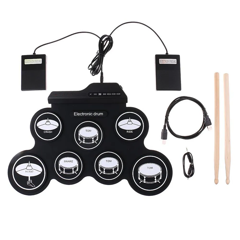 7-Pad Foldable Digital Electronic Drum Kit for Beginners, Compact USB ...