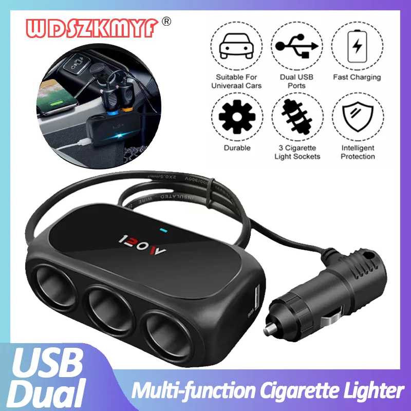 DHgate.com:120W 3-Socket Car Charger: Dual USB, LED Fast Charging ...