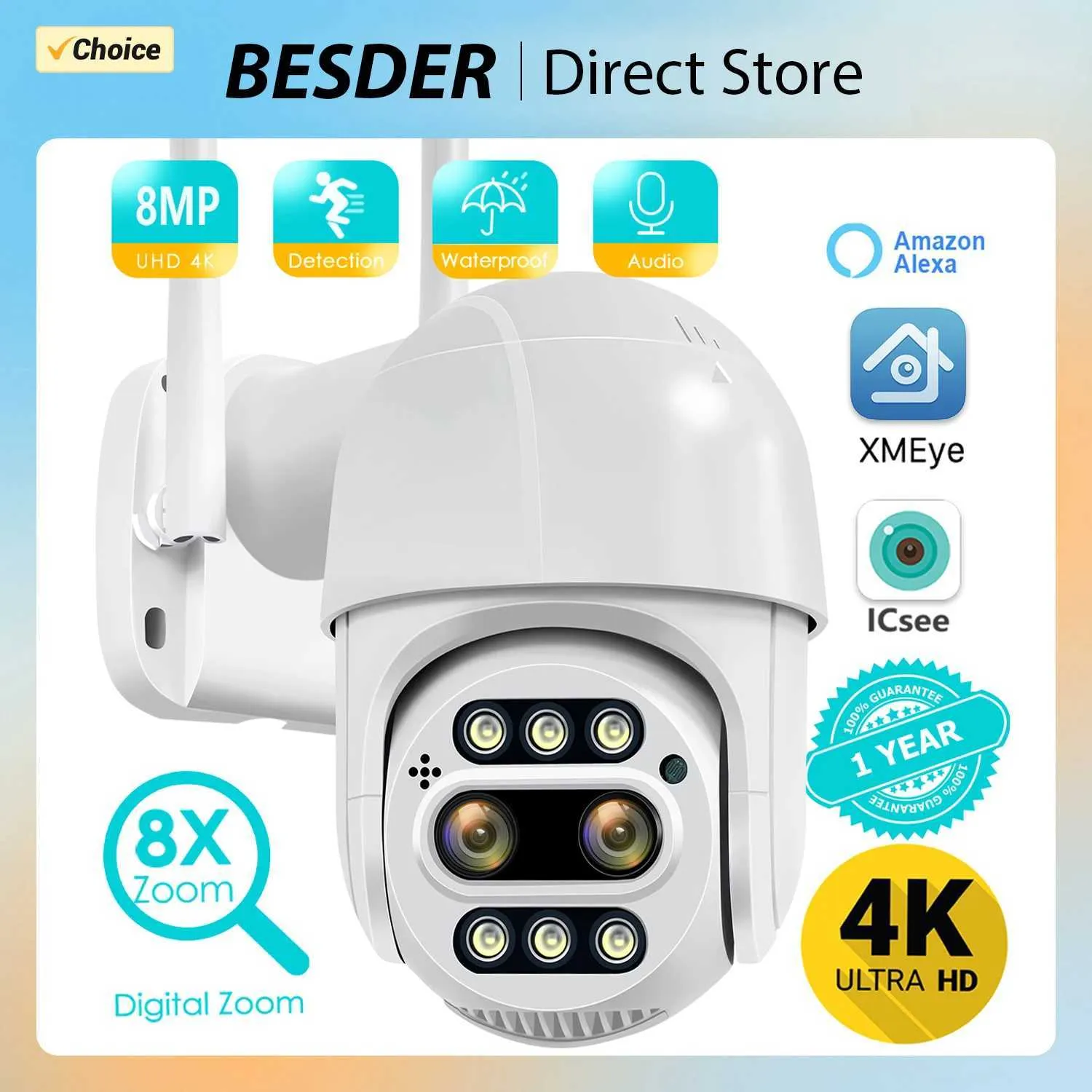 IP Camera: BESDER 8MP 4K PTZ, 8x Zoom, Dual-Lens, Human Detect, Outdoor ...