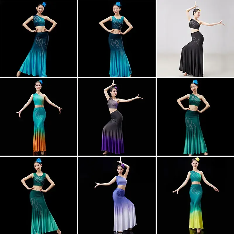 Women Dai Dance Costumes Fish Tail Leotard Skirt +Top Suit Dancewear ...
