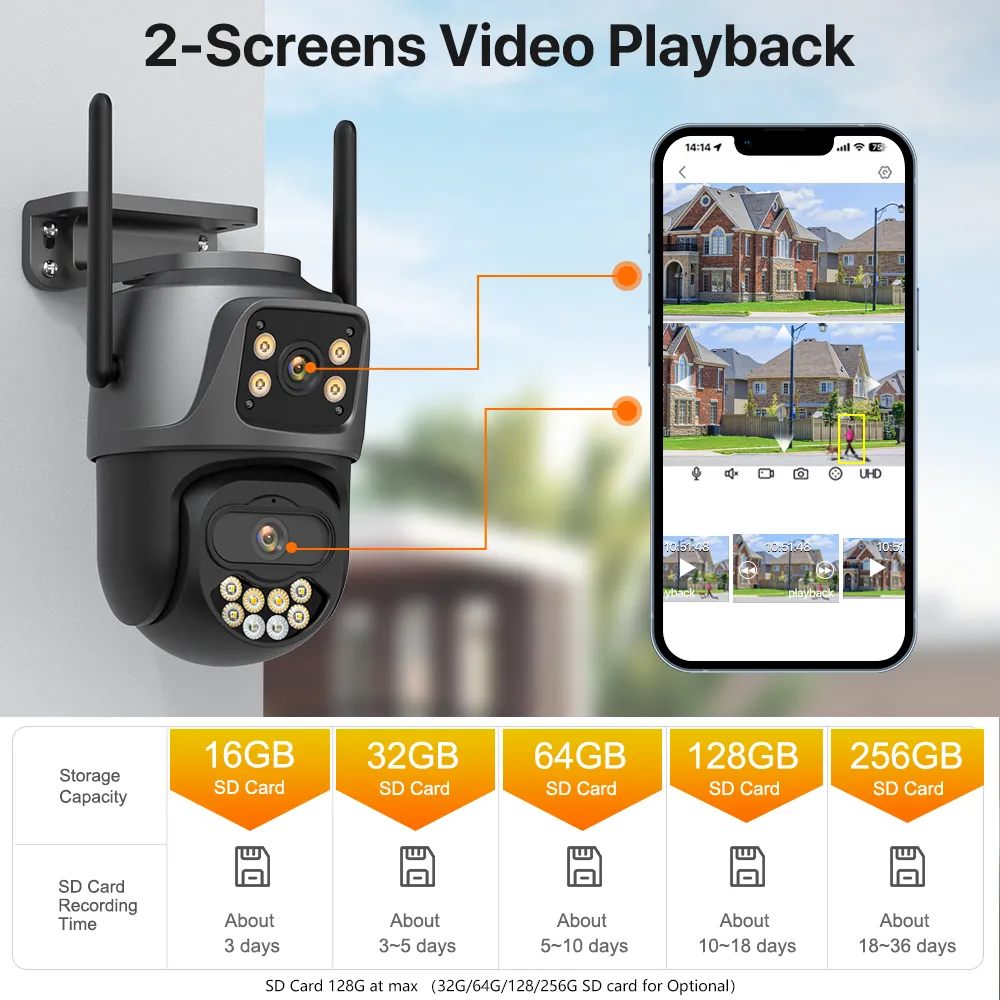 4K 8MP HD Wifi IP Camera PTZ Dual Lens Dual Screen 4MP Outdoor AI Auto ...