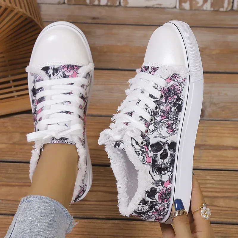 Women's Floral Skull Canvas Sneakers - Large Size Flat Lace-Up Casual ...