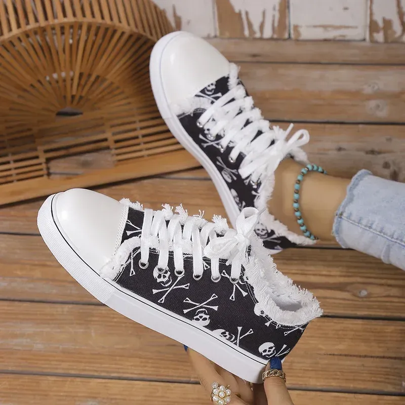 Women's Floral Skull Canvas Sneakers - Large Size Flat Lace-Up Casual ...