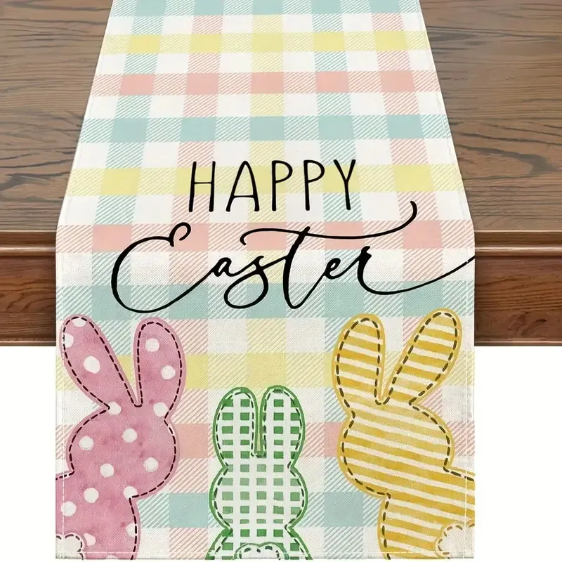 Printed Linen Easter Table Runner with Bunny, Flower, and Cow Prints ...
