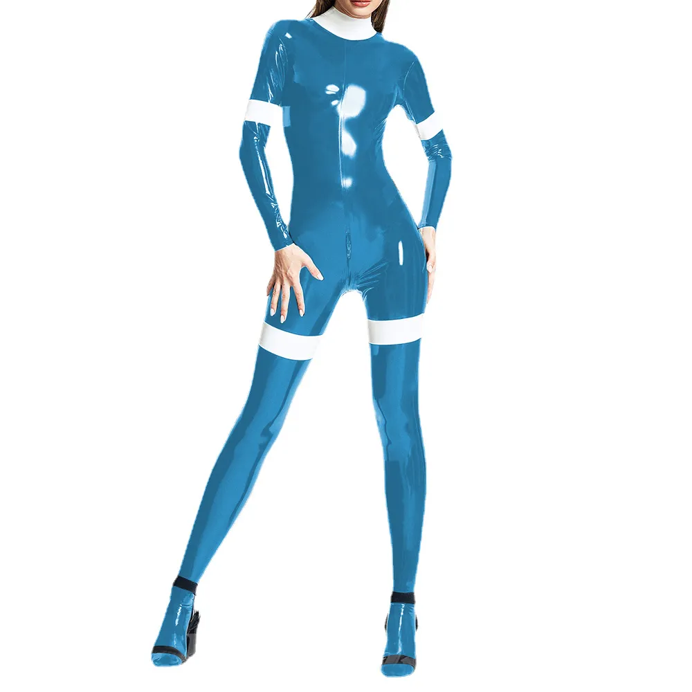 Women's PVC Open Crotch Jumpsuit Sexy Zippered Glossy Wetlook Catsuit ...