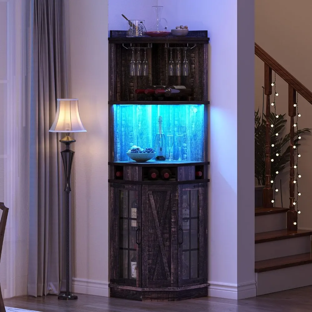 Farmhouse Glass Door Corner Bar Cabinet With LED Lights 72'' Tall ...