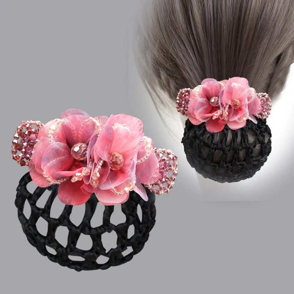 Flower Spring Clip Rhinestone Crochet Bun Net Hair Clip Lace Hair Bun ...