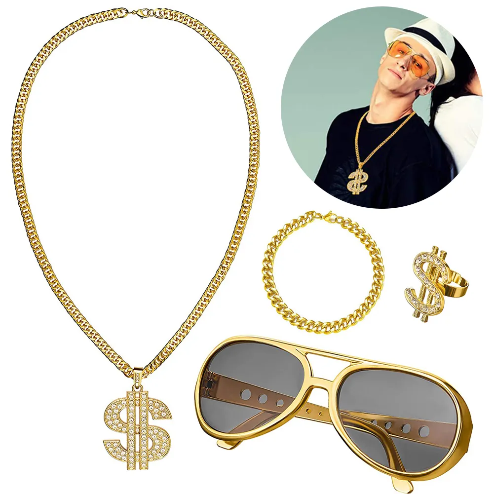 80s 90s Hip Hop Costume Jewelry Set: Gold Chain, Dollar Sign Ring ...