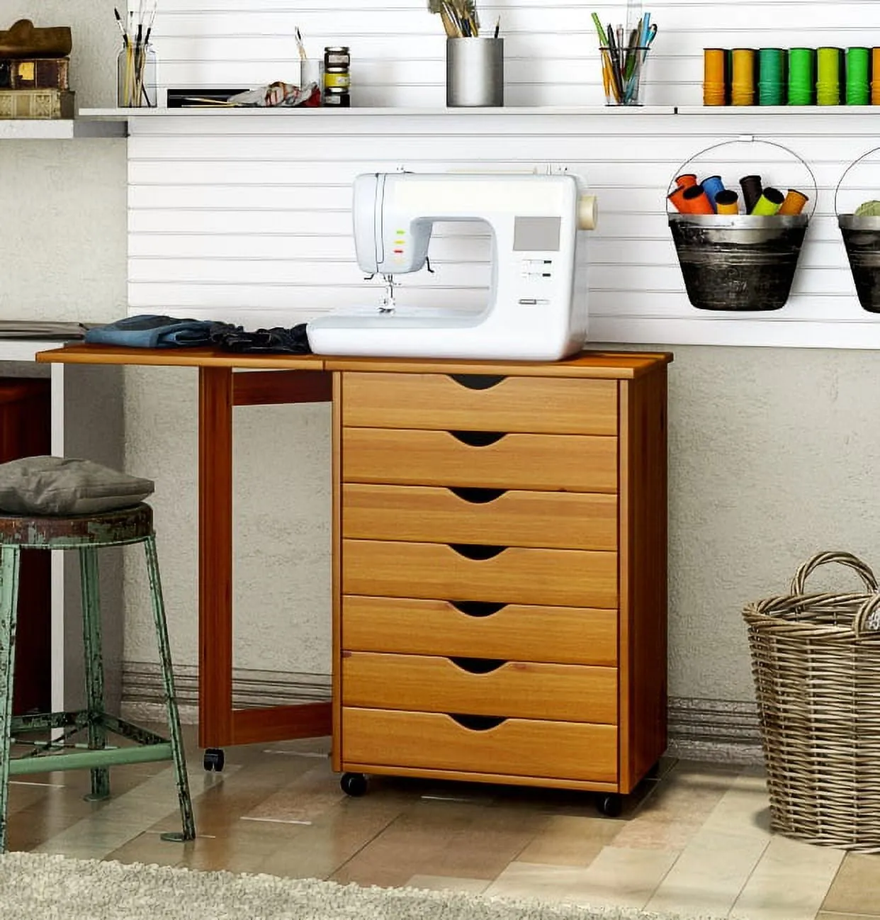 Storage Cart with Drawers, Solid Wood, 7 Drawer Gate Leg Roll Cart Desk ...