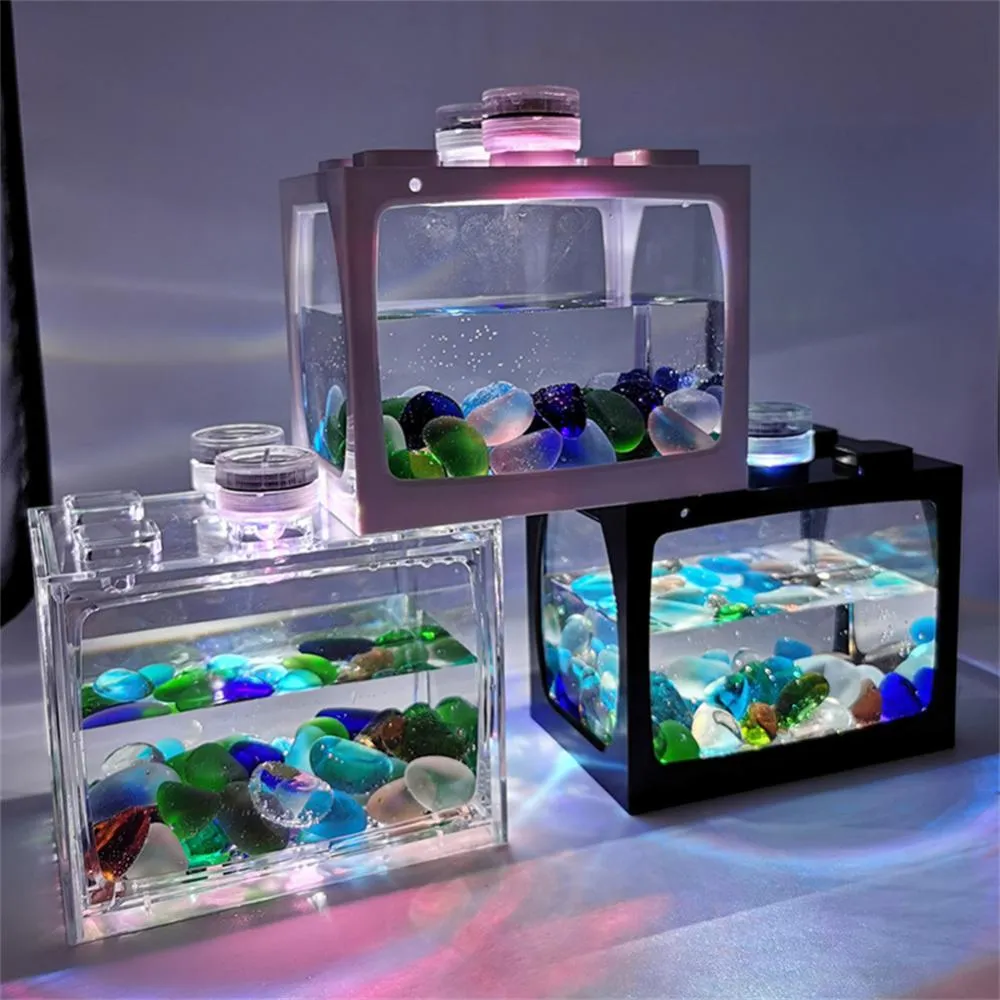 Mini Fish Tank Reptile Pet LED Light Box Stackable Aquarium Cylinder ...