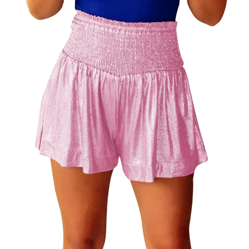 Womens Smocked Elastic High Waisted Metallic Wide Leg Baggy Ruffle ...