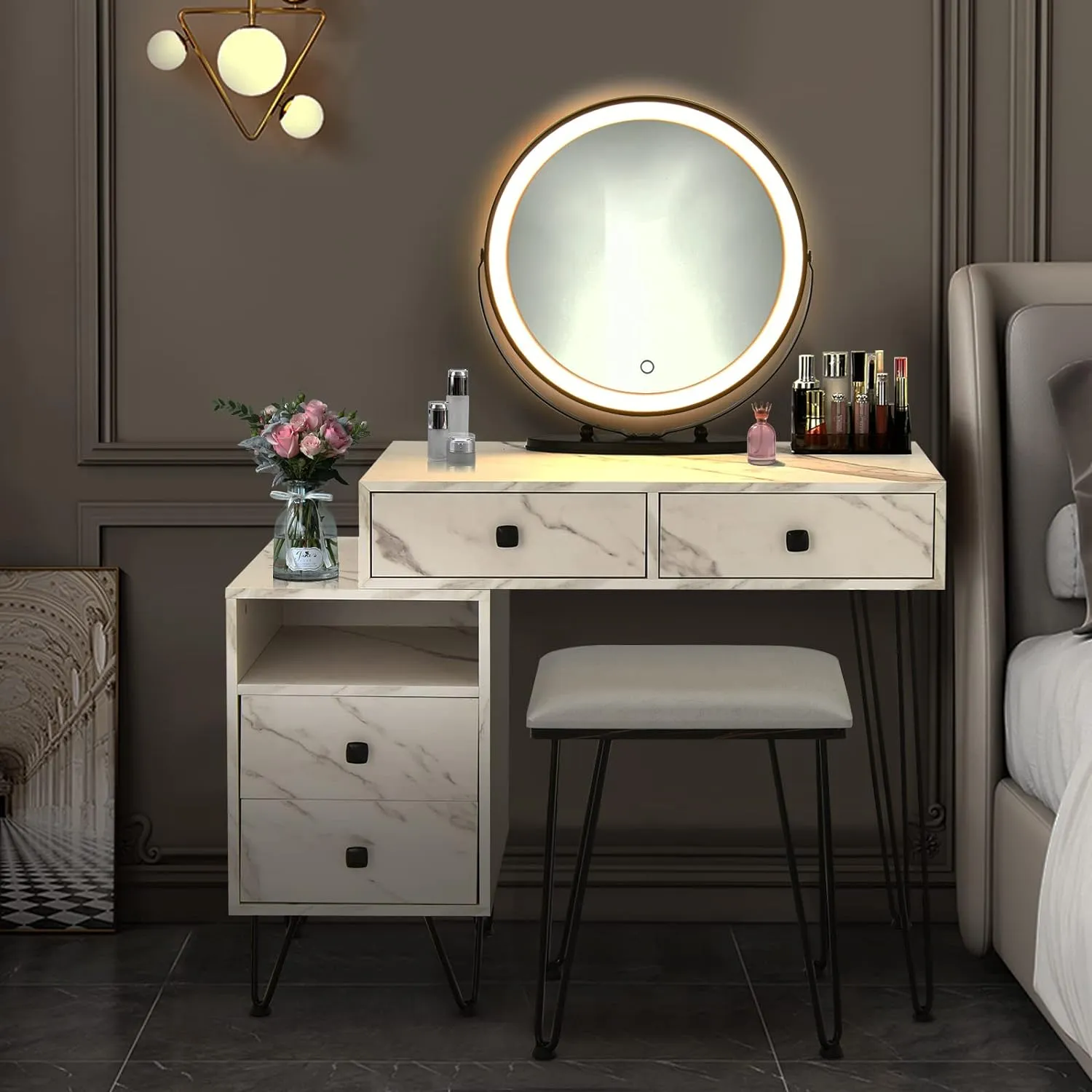 Modern Vanity Set With Mirror And Storage, White High Gloss Finish ...