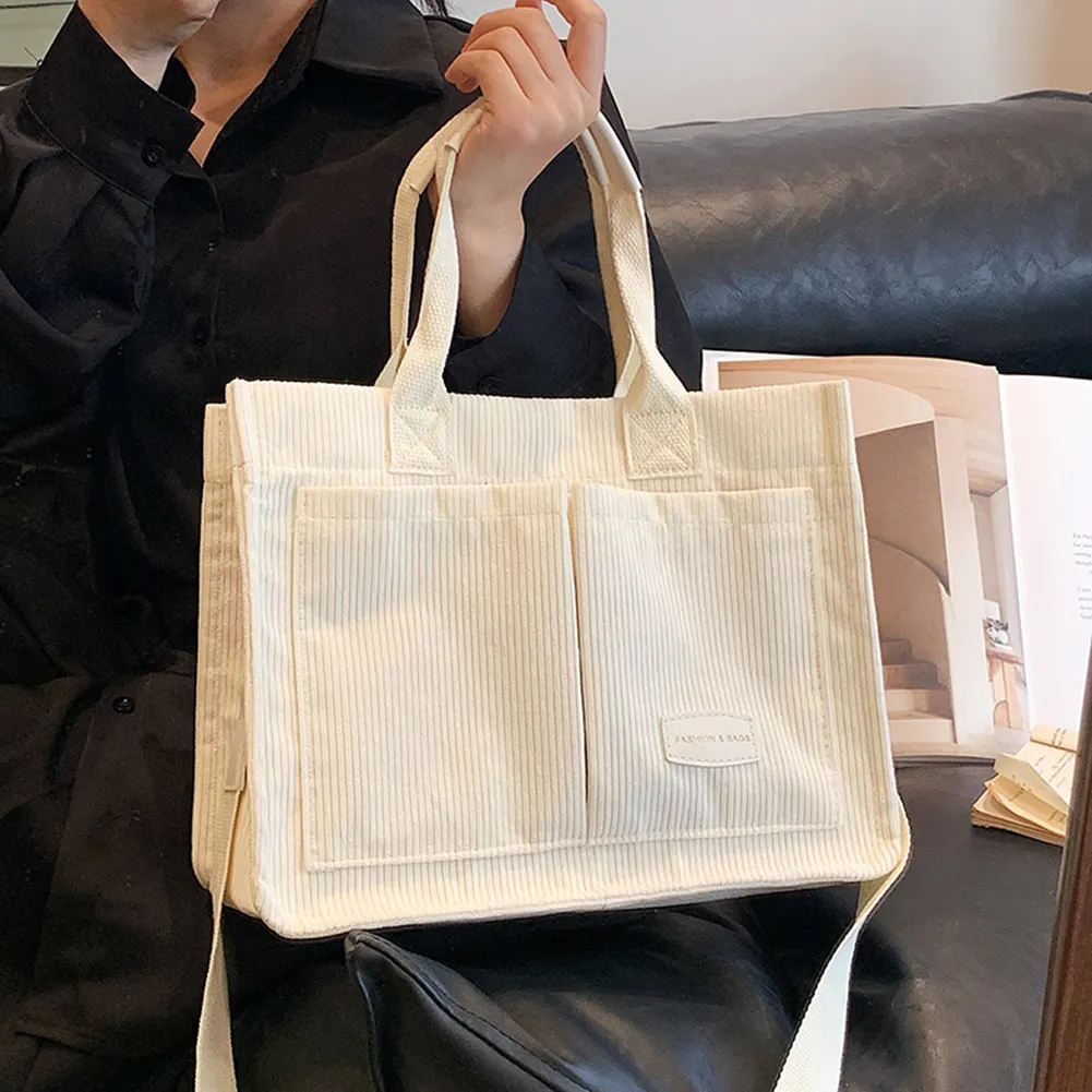 Casual Handbag Multi Pocket Tote Bag with Adjustable Strap Corduroy Top ...