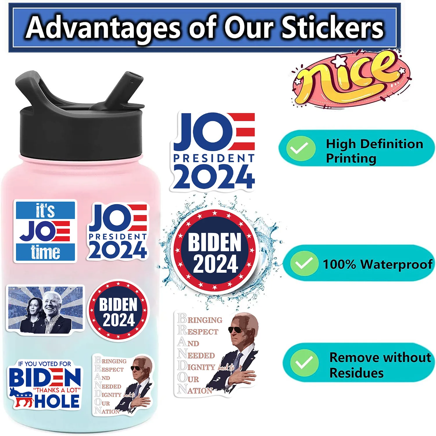 Durable Waterproof Biden Stickers for Laptops, Water Bottles, Luggage ...