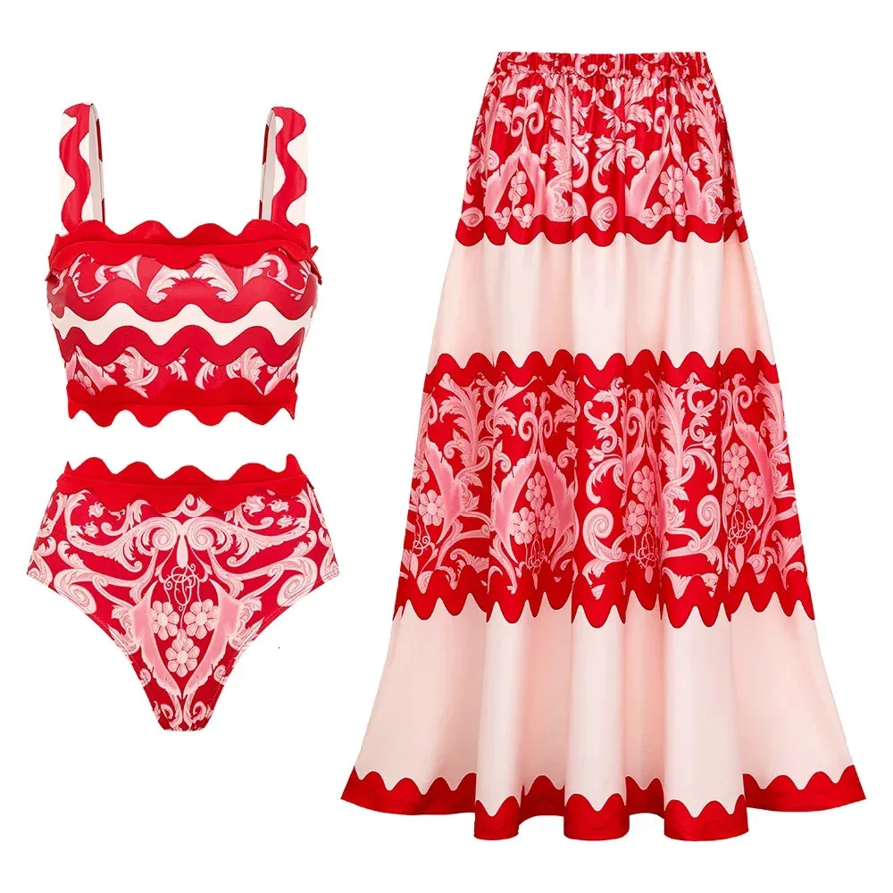 Red Striped Bathing Suit with Skirt - Wavy Pattern Bikini - Shop Now ...