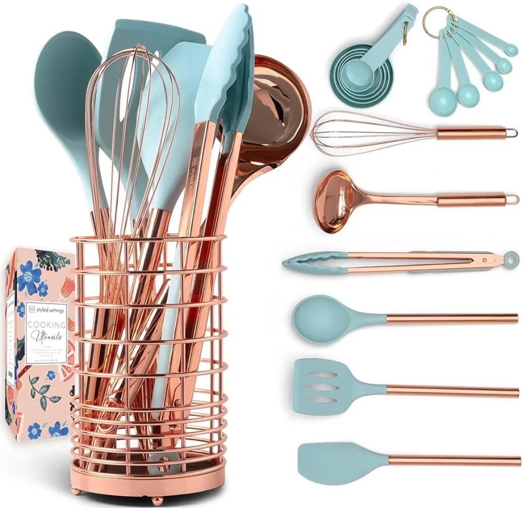 Copper and Teal Kitchen Utensils, 17-Piece Set with Copper Utensil ...