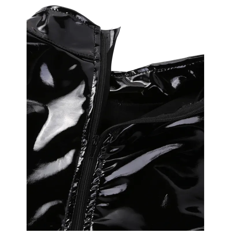 Women Patent Leather High Cut One-piece Bodysuit Long Sleeves Wetlook ...