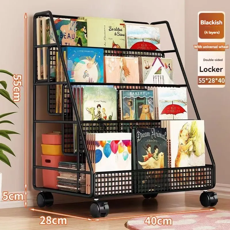 Children's Picture Book Movable Bookshelf Floor Shelf with Wheels Multi ...