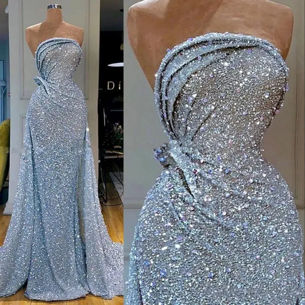 Shimmering Sky Blue Sequin Lace Mermaid Evening Dress Strapless Sleeveless 2024 Prom Gown BC4301 ...