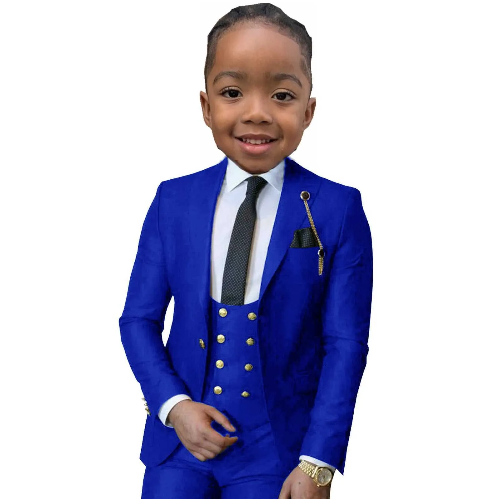 Royal Blue Boys Wedding Boys Suits With Peaked Lapel Jacket, Pant, And Vest Formal Blazer Set ...