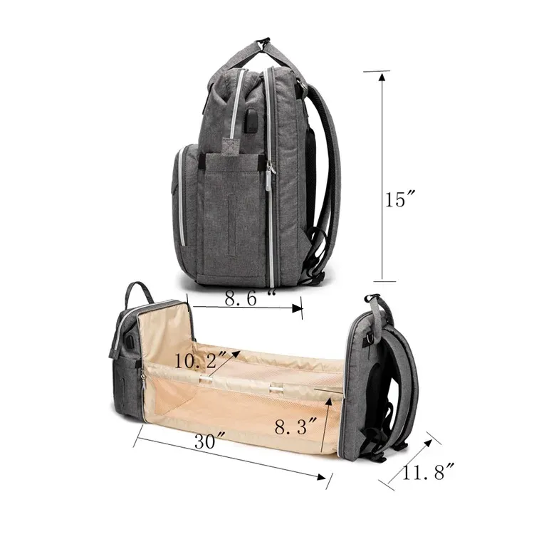 Large Waterproof Diaper Backpack with Foldable Bassinet Bed and USB ...