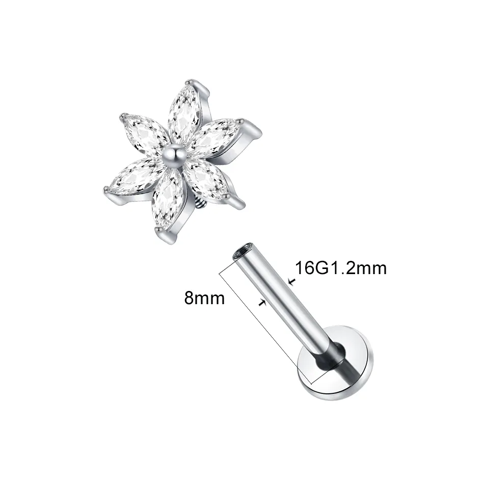 ASTM F136 Titanium 16G Flower CZ Labret Medusa Monroe Helix Cartilage ...