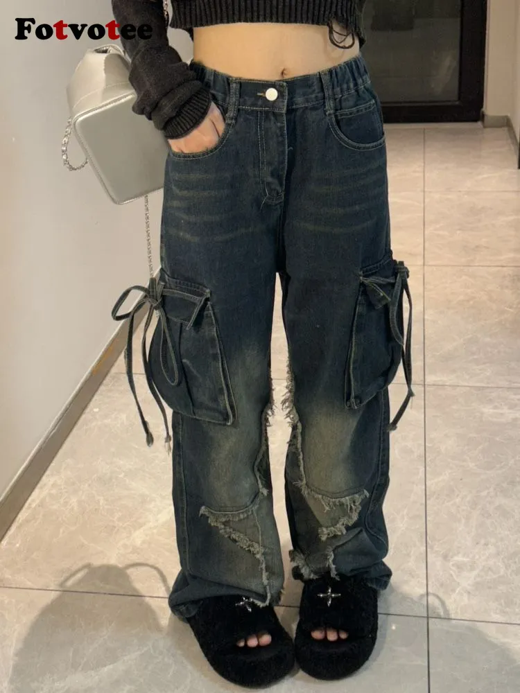 Women's Gothic Cargo Jeans: Black Vintage Star Harajuku Denim Trousers Y2K 90s Aesthetic Emo ...