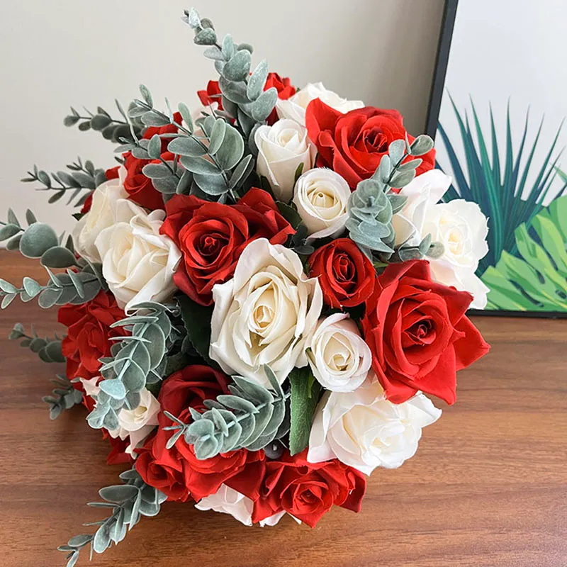Big Wedding Bride Bouquet Red Beige Silk Roses Artificial Flowers ...