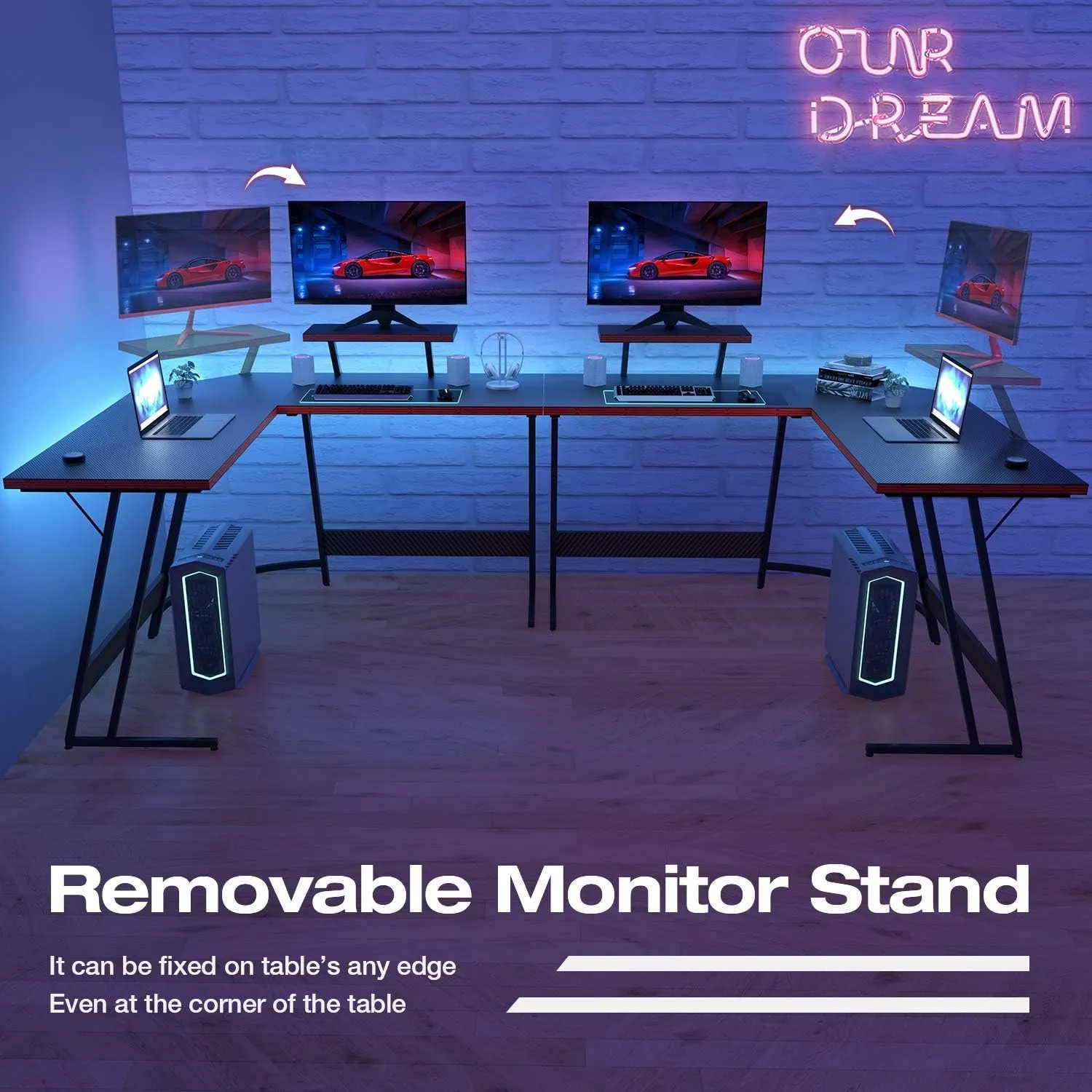 L Shaped Gaming Desk with Large Monitor Riser Stand, Corner Computer ...