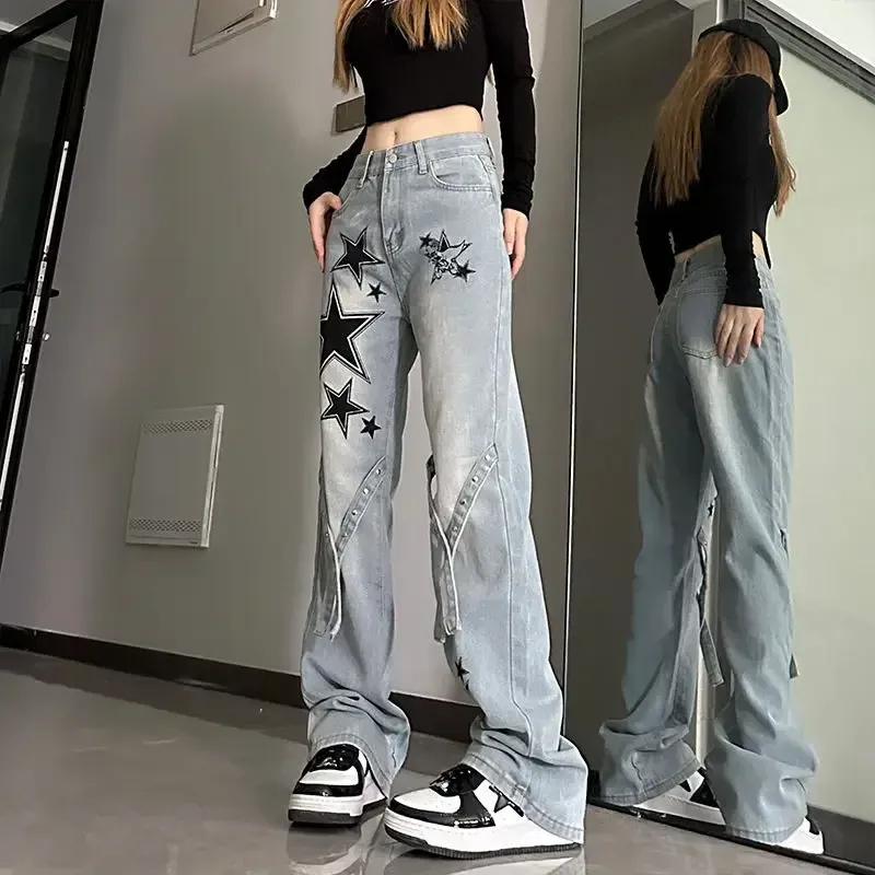 Jeans À Jambe Droite Graphique Noire Pour Femmes Taille Haute, Poches ...