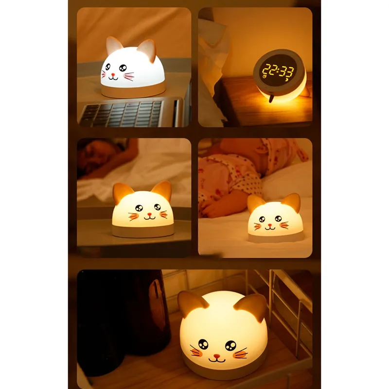 Adorable Cat LED Alarm Clock: Colorful Night Light, Rechargeable Timer ...