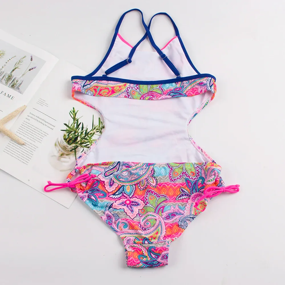 Retro One Piece Swimsuit, Two Tone Teen Girls' Bathing Suit, Chic ...